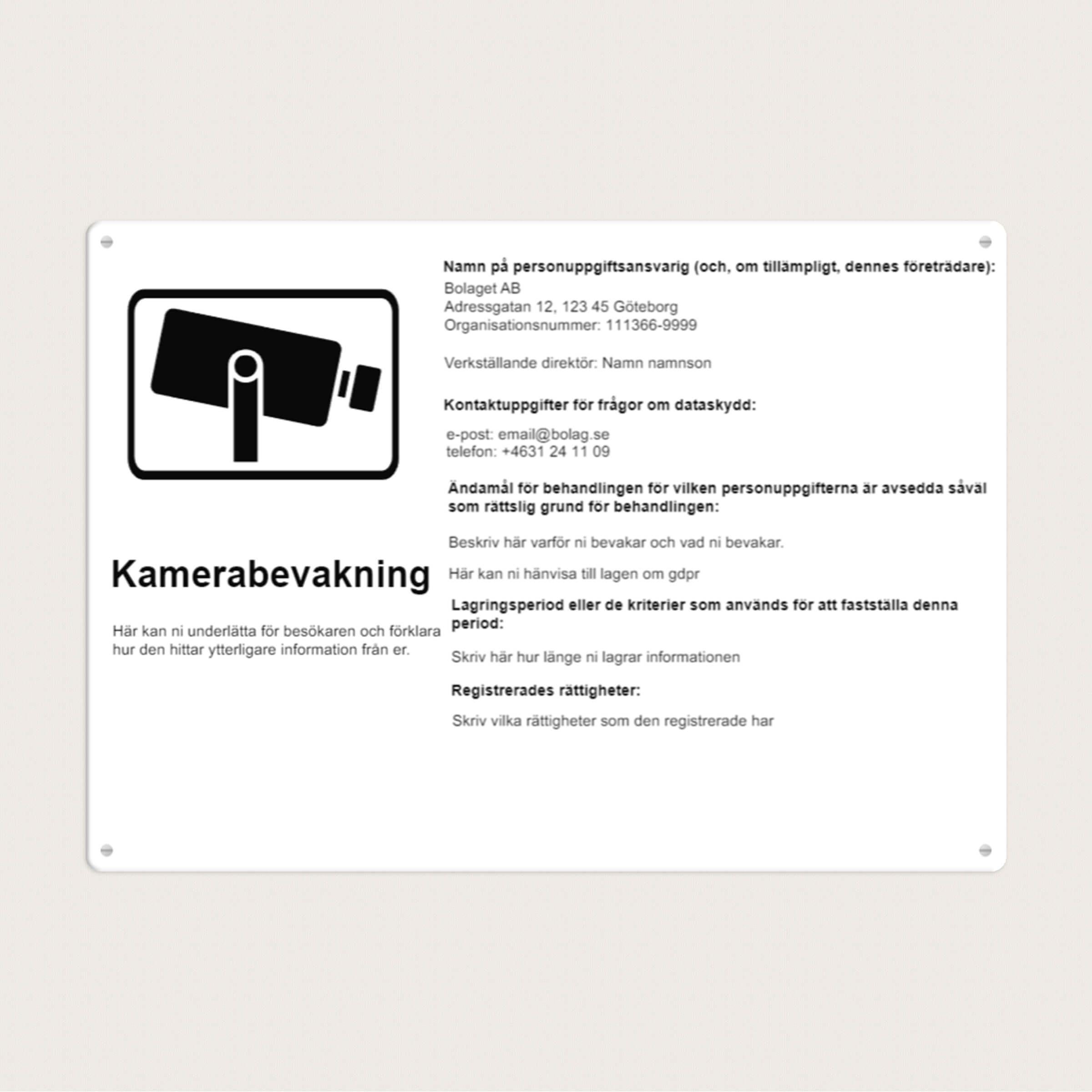 Kamerabevakning GDPR skylt i plast 210 x 297 mm - jcgt.se